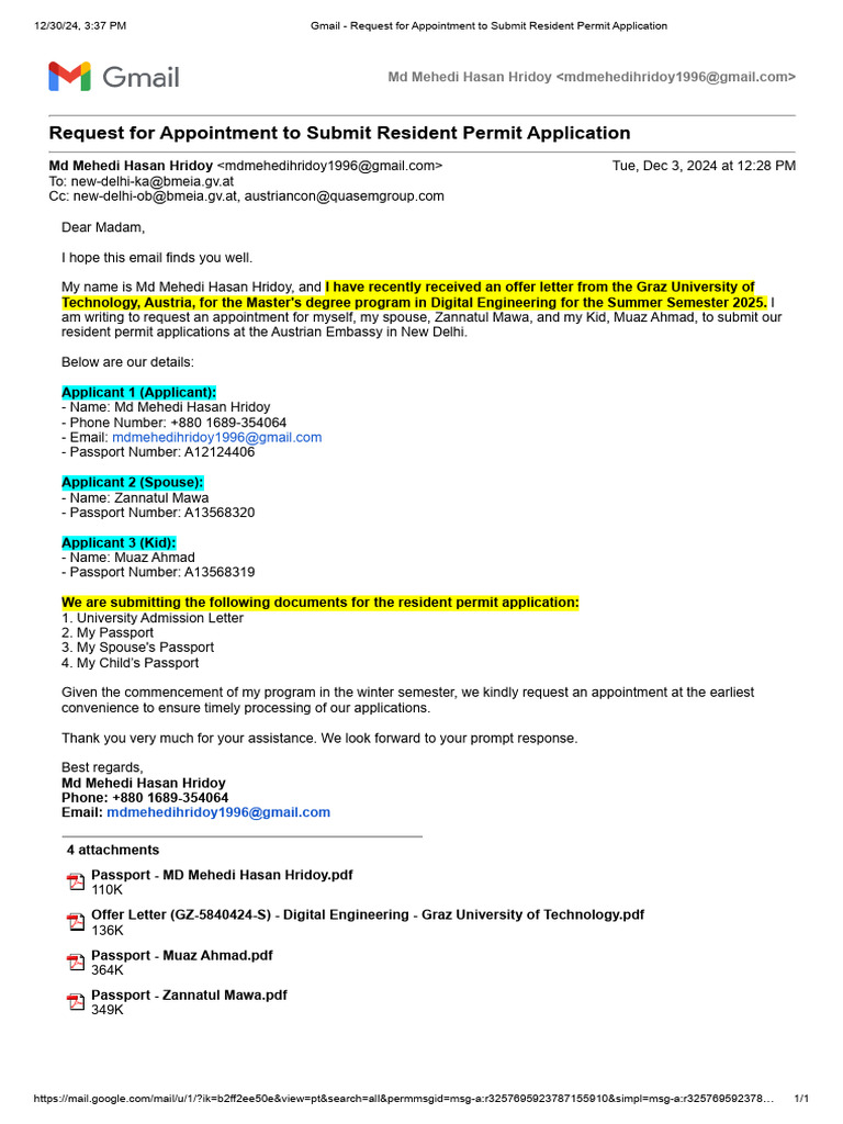 Gmail - Request For Appointment To Submit Resident Permit Application | PDF