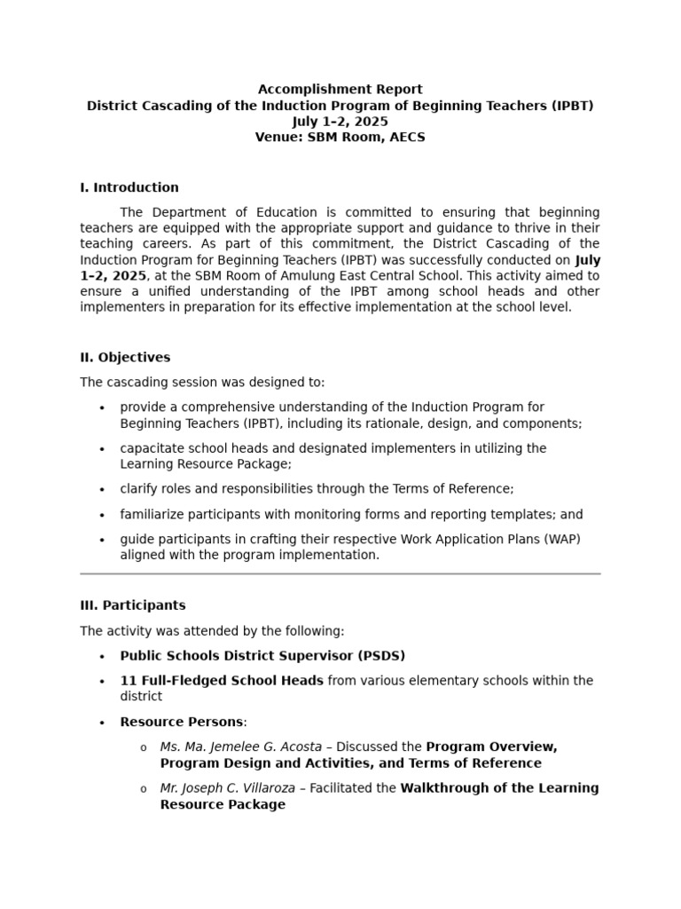 IPBT District Cascading Report 2025 | PDF | Cognition | Learning