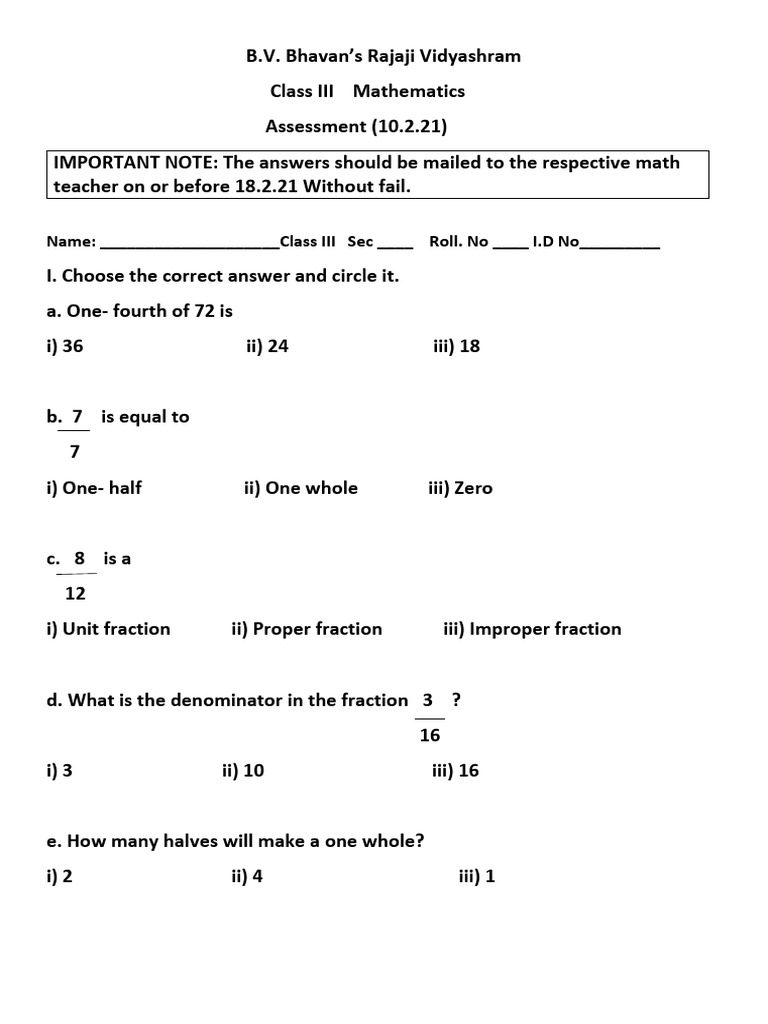 Class III Math Assessment Questions | PDF