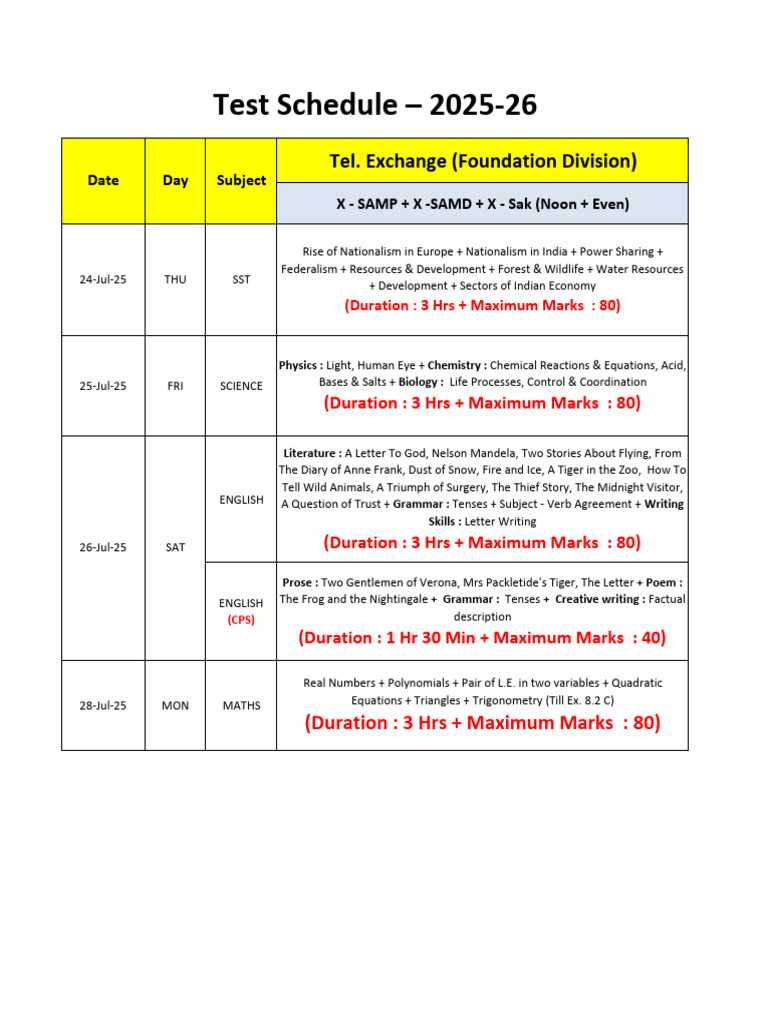X - TEx. Foundation Division (Test Schedule) | PDF