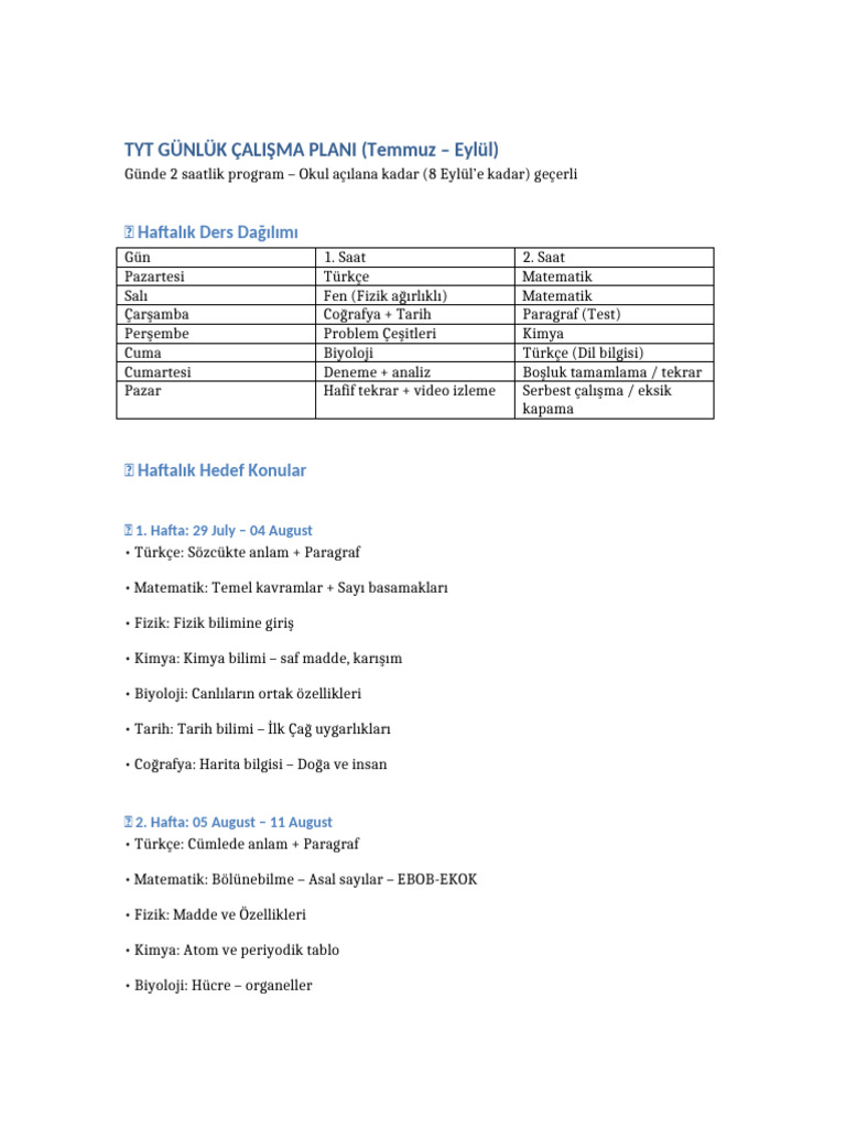 TYT Calisma Plani Tam | PDF