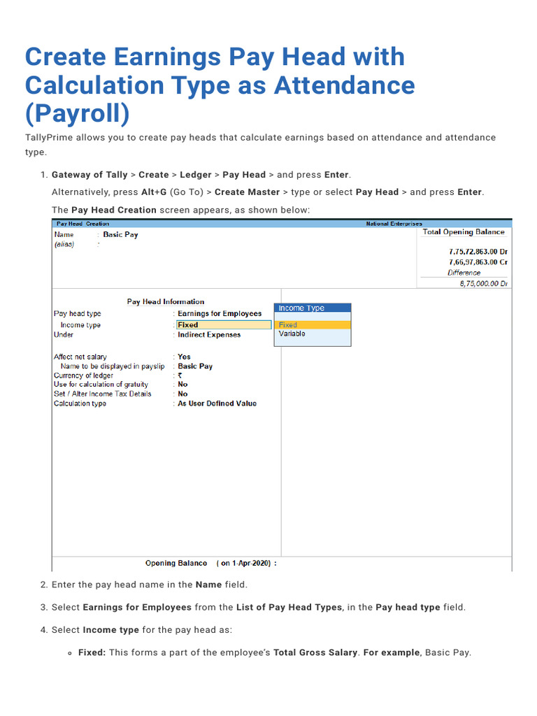 Earnings Pay Head With Calculation Type As Attendance Payroll | PDF ...