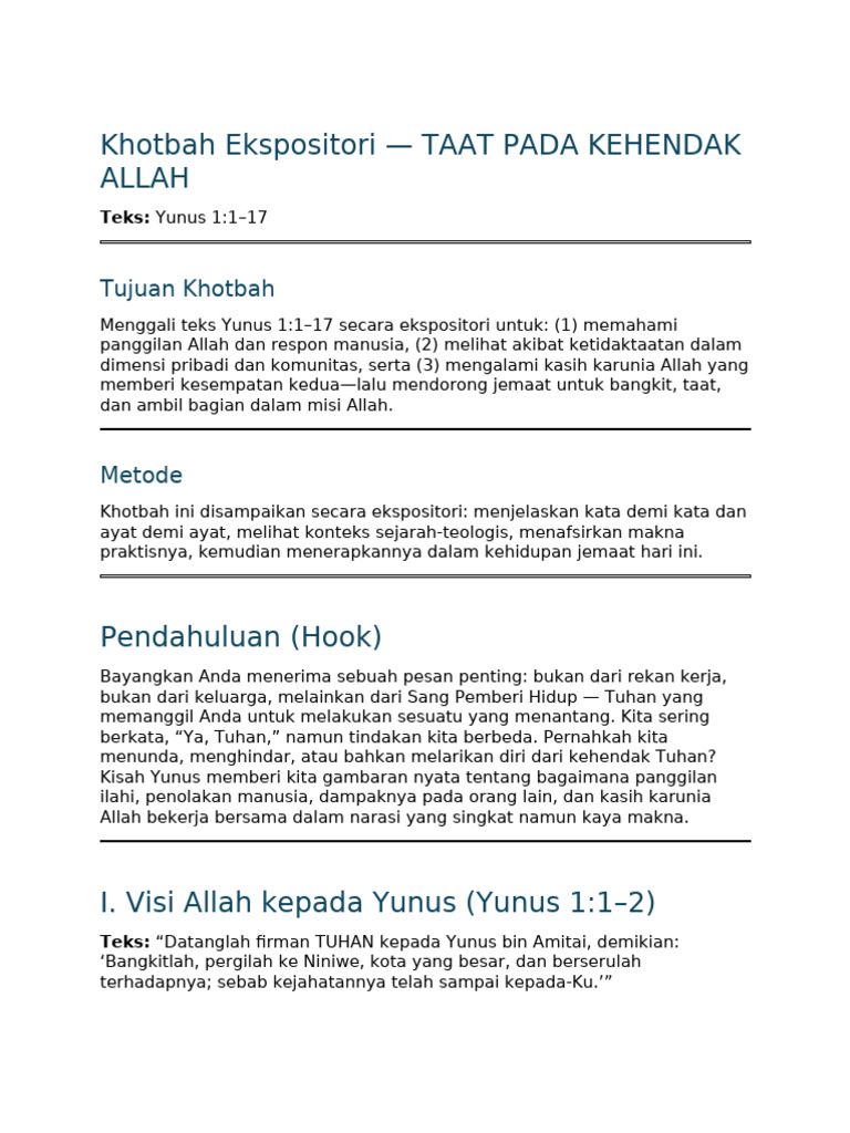 Khotbah Ekspositori - Taat Pada Kehendak Allah (Yunus 1-1-17) | PDF