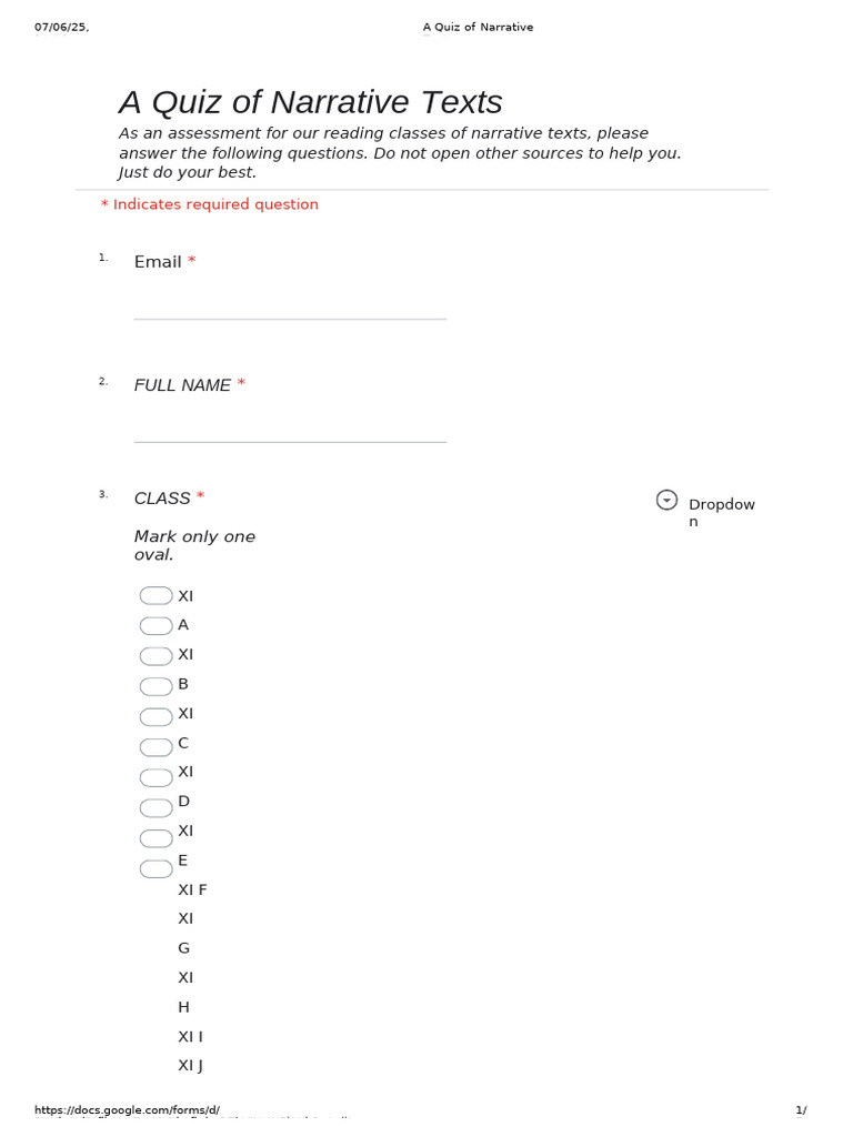 A Quiz of Narrative Texts - Google Forms | PDF