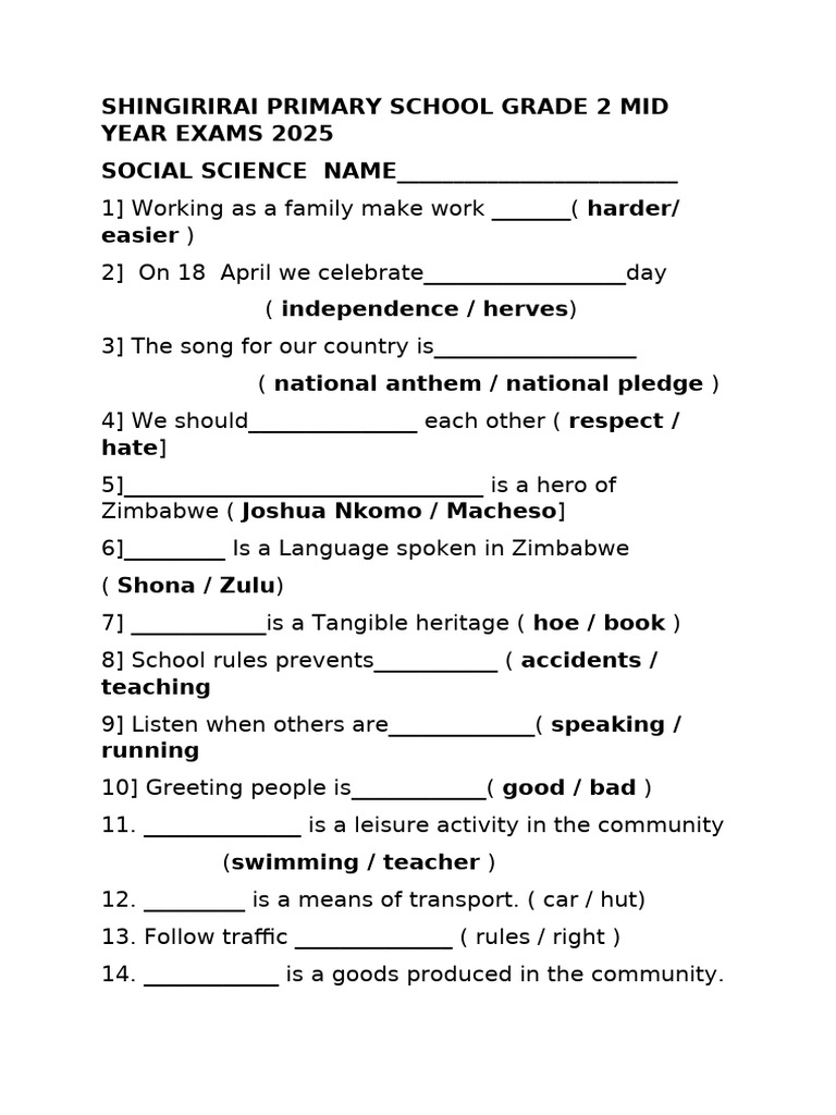 Grade 2 Social Science Exam 2025 | PDF