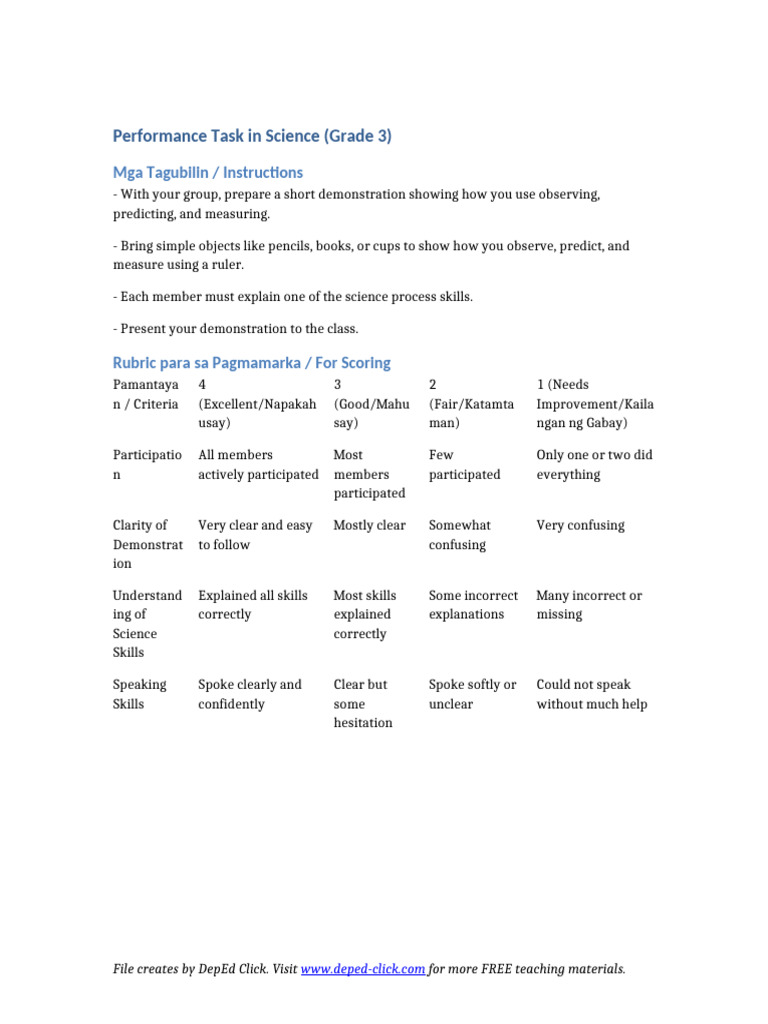 Grade 3 Science Performance Task Guide | PDF