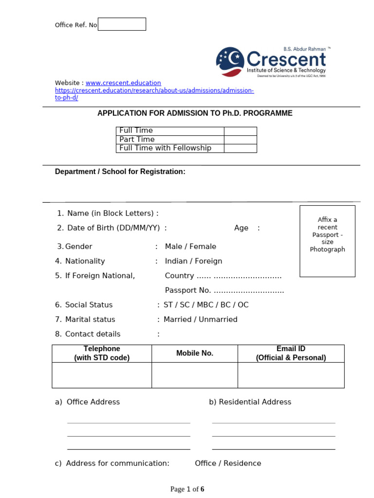1.crescent Research Ph.D. Application Form | PDF | Doctor Of Philosophy