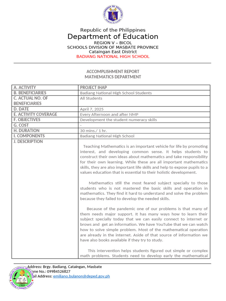 Math Accomplishment Report | PDF | Mathematics | Teachers