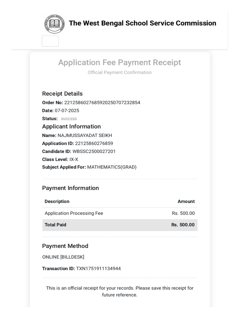 WBSSC - Fees Payment 9-10 Receipt | PDF