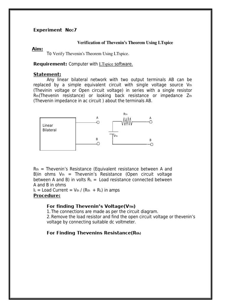 Expt No 7 Thevenin's Theorem Using LTspice - 1 | PDF | Voltage | Electrical Network