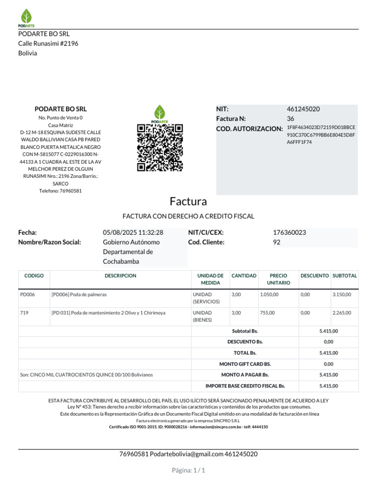 Factura: Podarte Bo SRL Nit: Factura N: Cod. Autorizacion | PDF | Factura