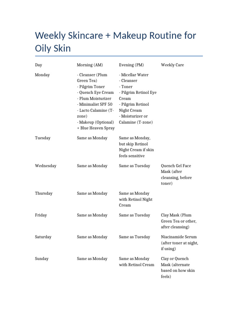 Weekly Skincare Routine Oily Skin Monday To Sunday | PDF