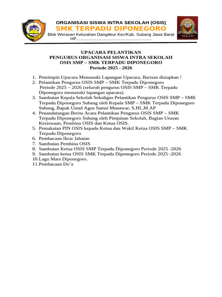 Naskah Pelantikan Pengurus OSIS SMK | PDF