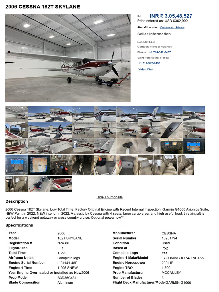 2006 CESSNA 182T SKYLANE For Sale in Cottonwood, Arizona | PDF ...