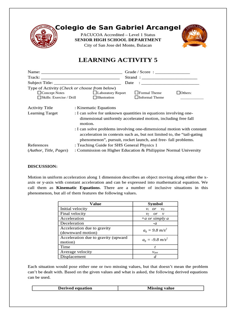 LAS 5 Kinematic Equations | PDF | Acceleration | Kinematics