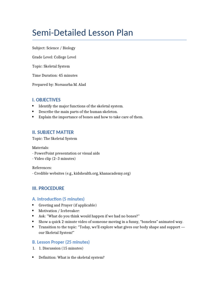 Skeletal System Cleaned Lesson Plan | PDF