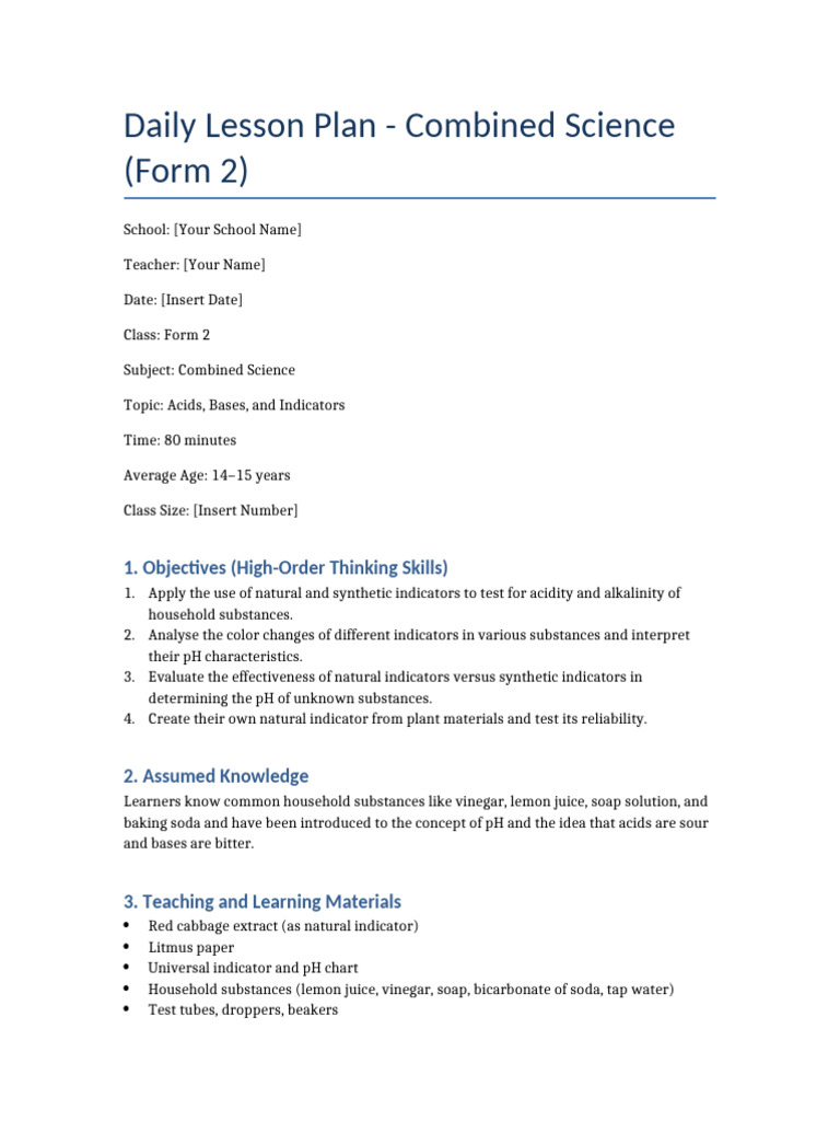 Combined Science Lesson: Acids & Indicators | PDF | Learning | Lesson Plan