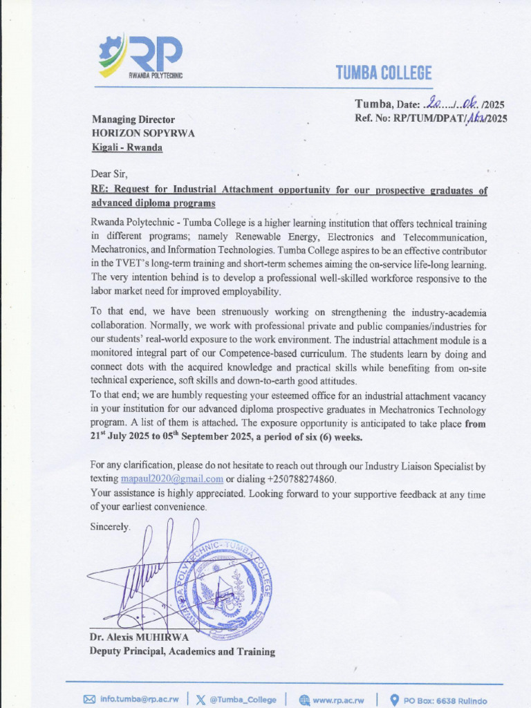 Horizani Sopyrwa Letter For Industrial Attachment Request | PDF