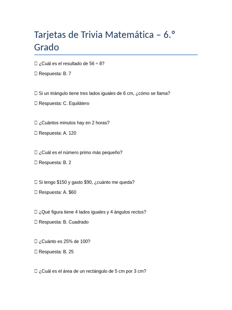 Tarjetas Trivia Matematica 6grado | PDF