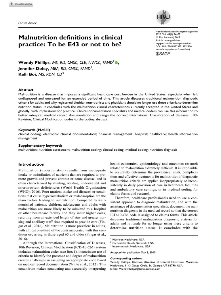 Malnutrition Diagnosis and ICD-10 Criteria | PDF | Malnutrition | Human ...