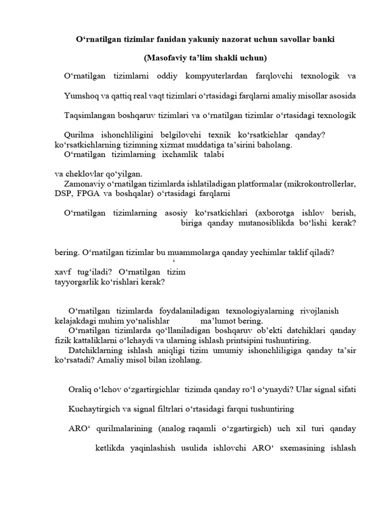 O Rnatilgan Tizimlar Yakuniy Savollar | PDF