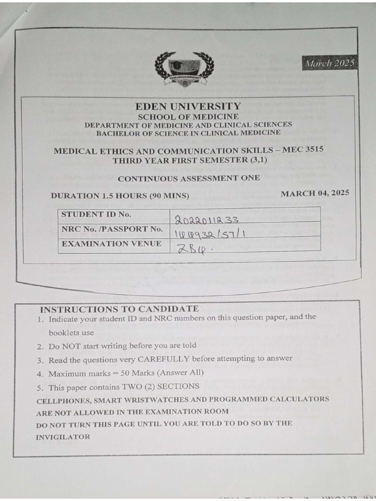 Medical Ethics and Communication March 2025 Ca | PDF