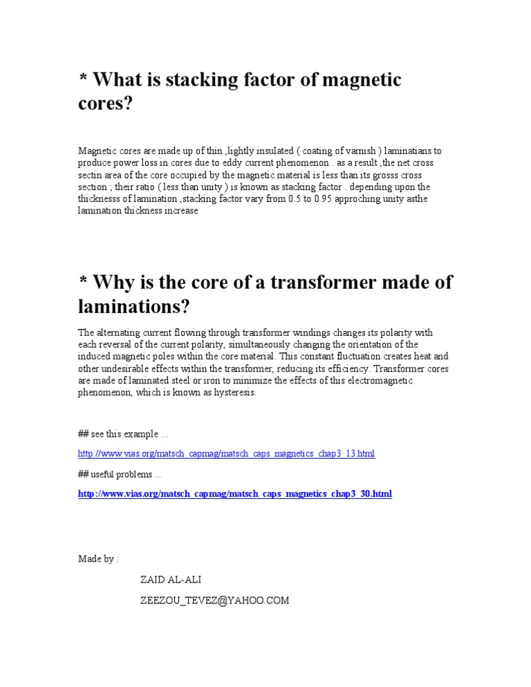 Magnetic Circuits - Stacking Factor of Cores | PDF | Science ...