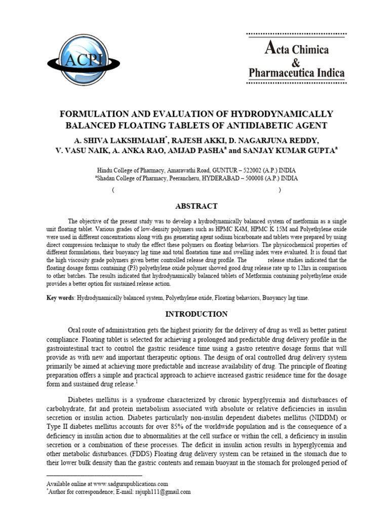 Floating Metformin Tablets: Formulation Study | PDF | Tablet (Pharmacy ...