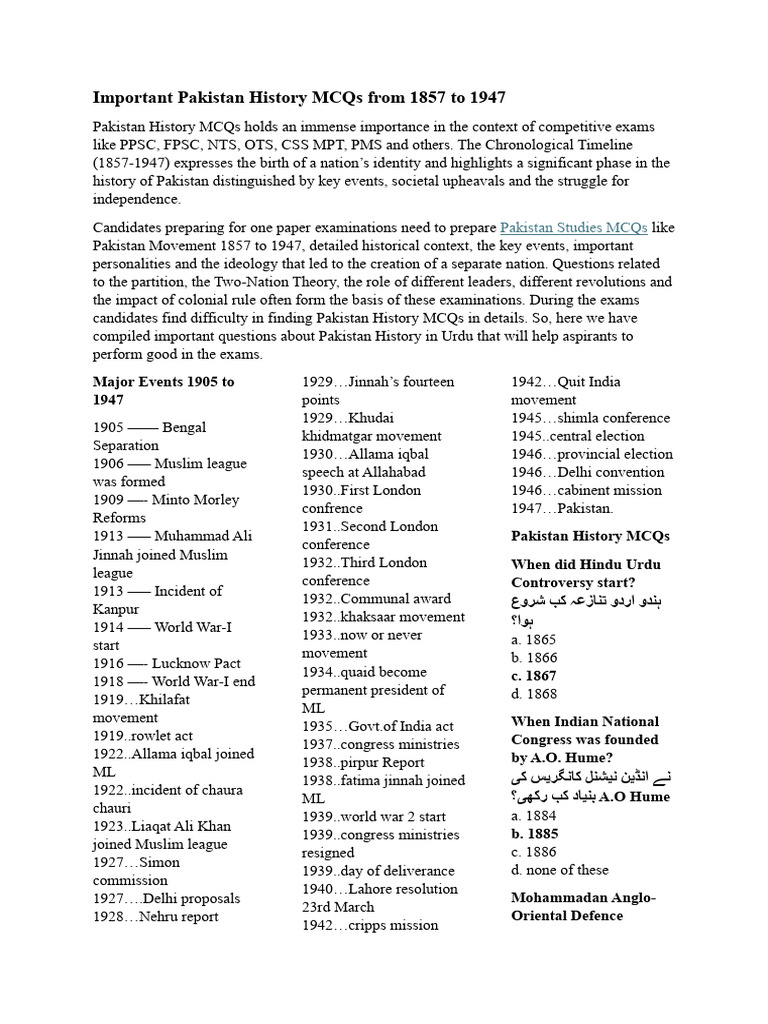 Pakistan History MCQs: 1857-1947 Guide | PDF | All India Muslim League ...