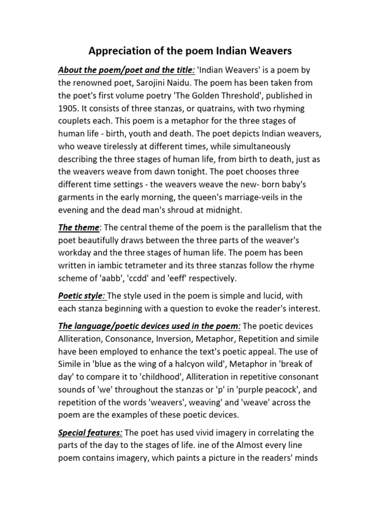Microsoft Word - Appreciation of the Poem Indian Weavers | PDF | Poetry ...