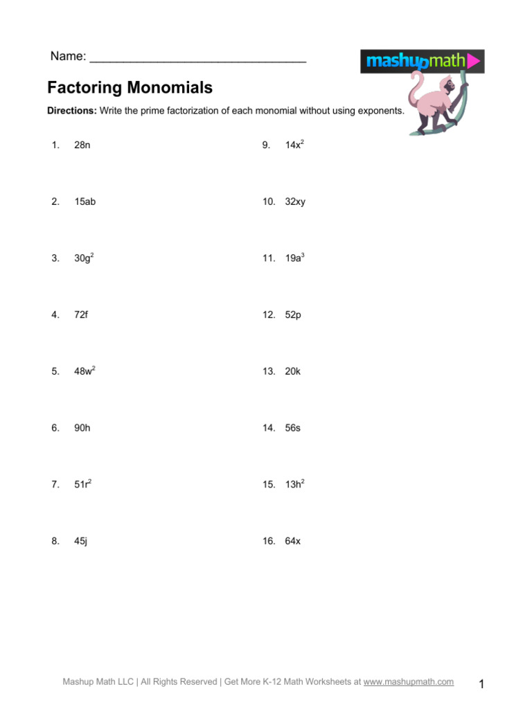 Factoring Monomials (A) | PDF