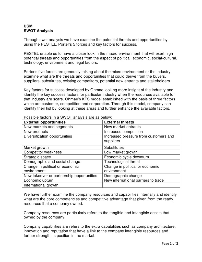USM SWOT Analysis: Page 1 of 2 | PDF | Strategic Management | Swot Analysis