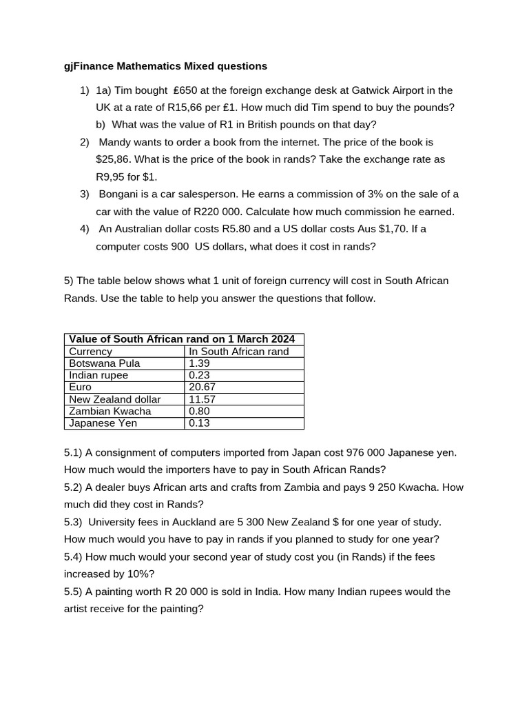 Finance Mathematics Mixed Questions | PDF | Interest | Exchange Rate