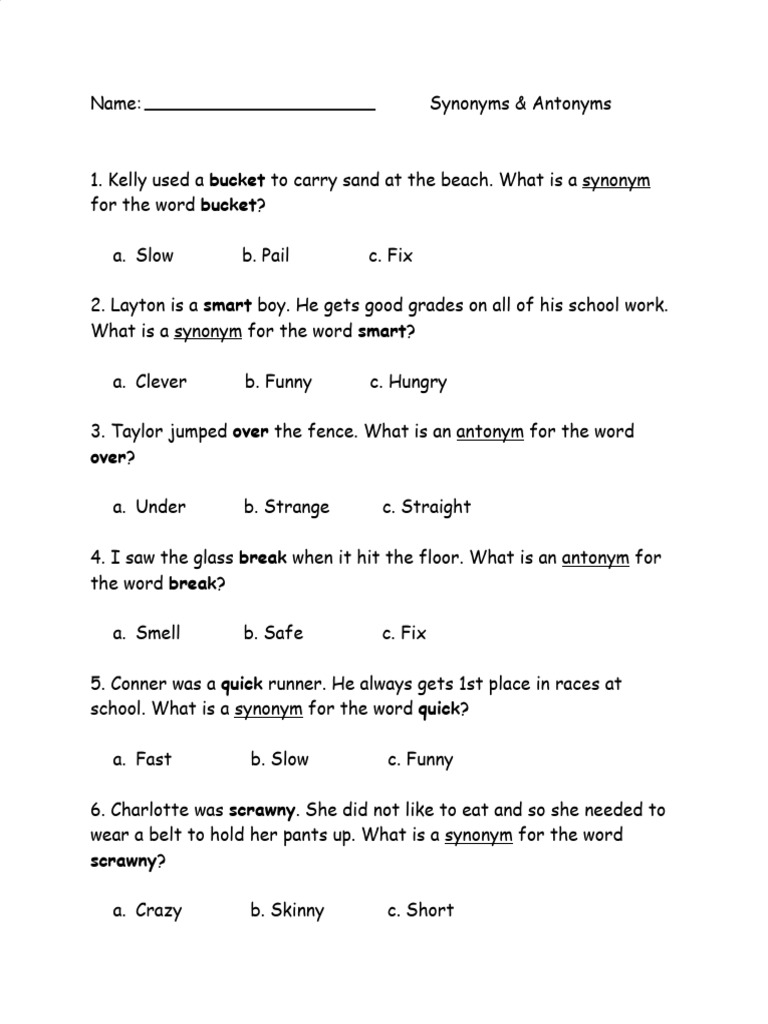 Synonyms and Antonyms Practice | PDF