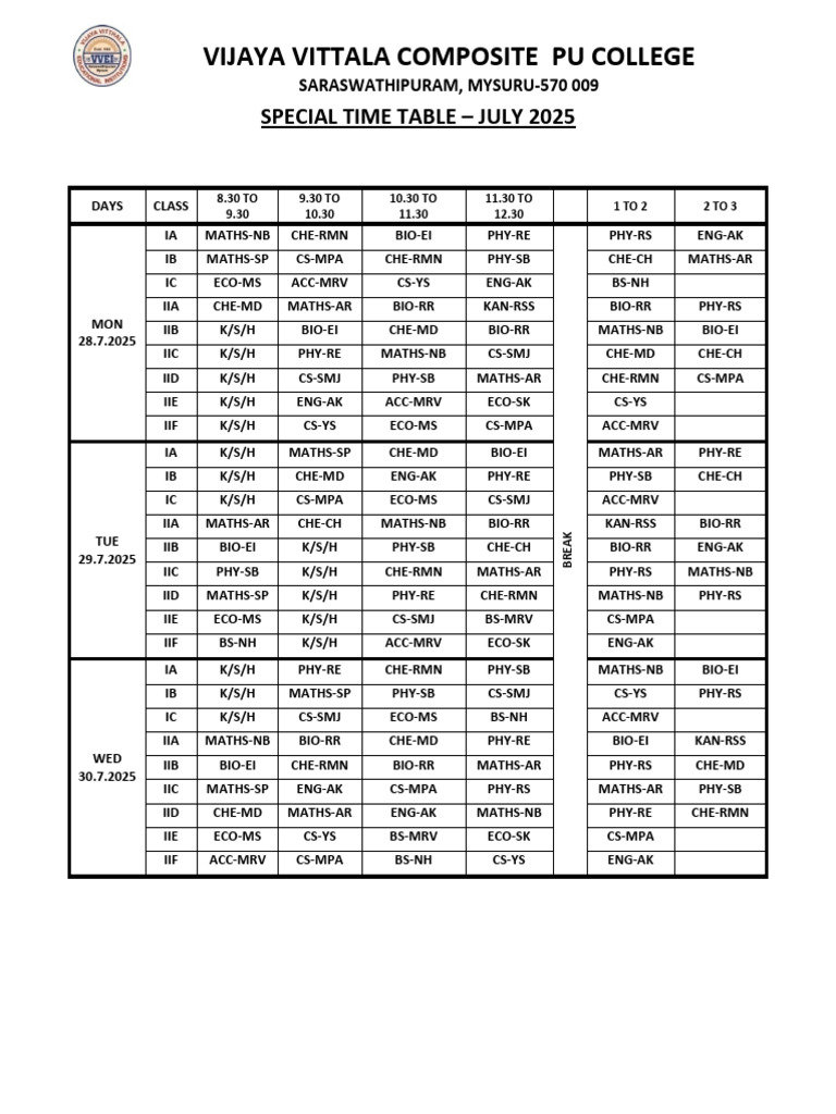 July 2025 Special Time Table for PU College | PDF