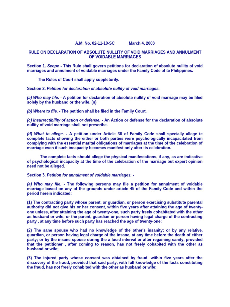 Rule On Declaration of Absolute Nullity of Void Marriages and Annulment of Voidable Marriages ...