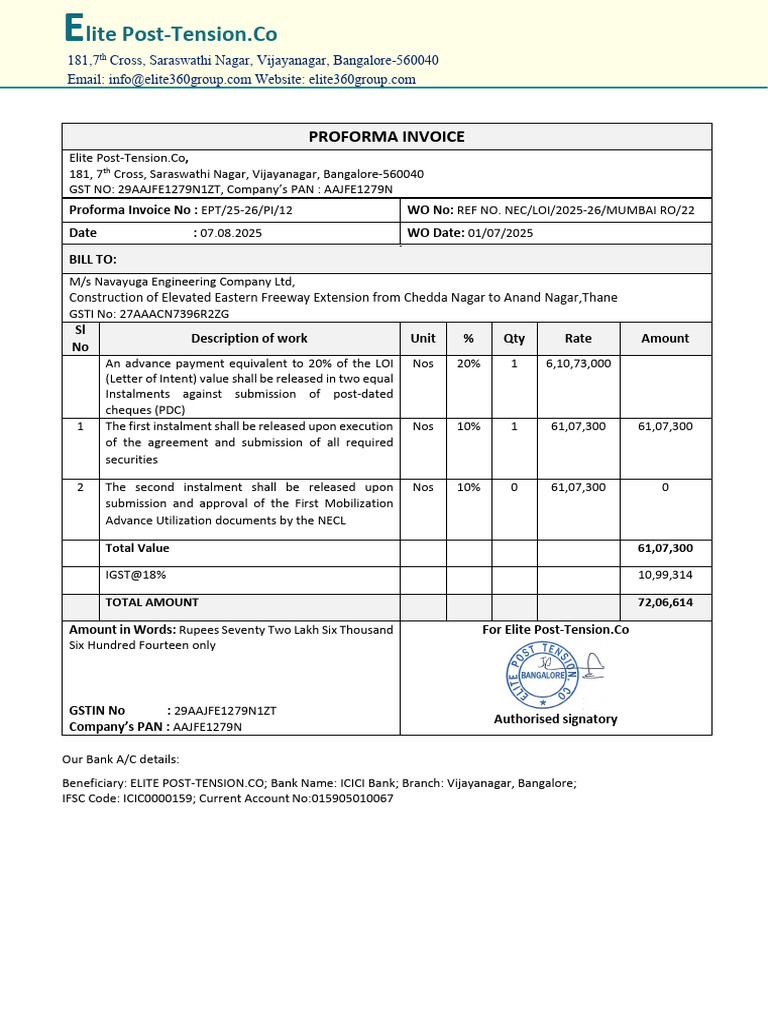 Proforma Invoice No EPT2526PI-12 Advance Bill (NEC Thane Pre Tensioning ...