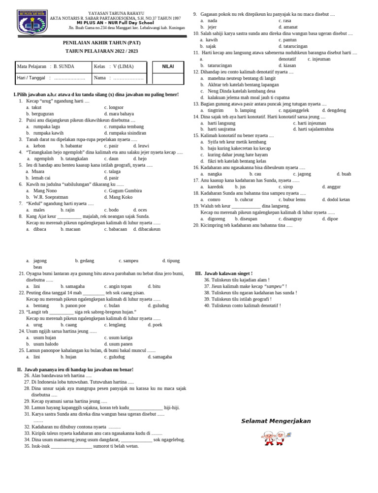 Penilaian Akhir Tahun B. Sunda 2022/2023 | PDF