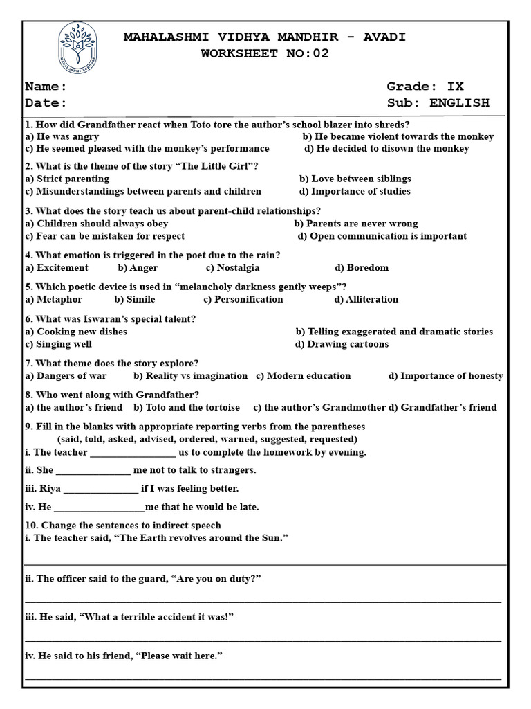 Grade 9 English Worksheet - 2 | PDF
