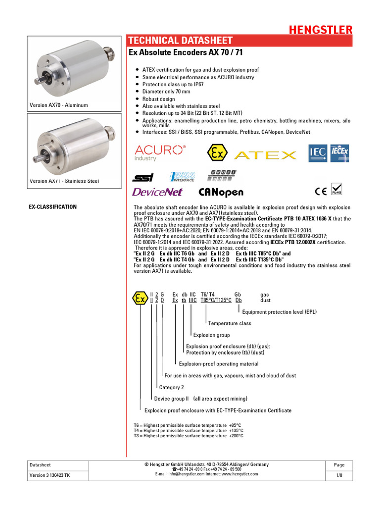 Ex-Proof Absolute Encoders AX 70/71 | PDF | Electrical Engineering