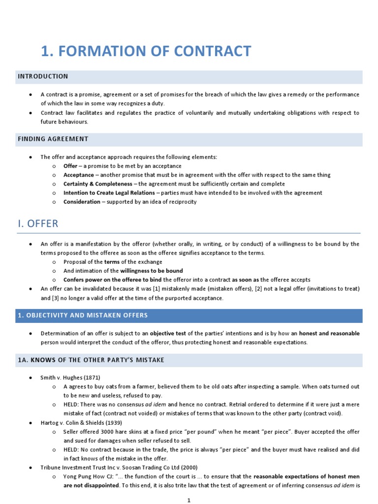 1 - Formation of Contract | PDF | Offer And Acceptance | Consideration