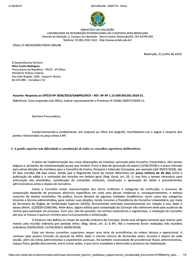 SEI - UNILAB - Ofício 48-2019-REITORIA | PDF