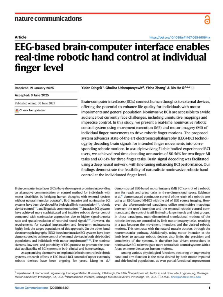 EEG-based Brain-Computer Interface Enables Real-Time Robotic Hand Control at Individual Finger ...