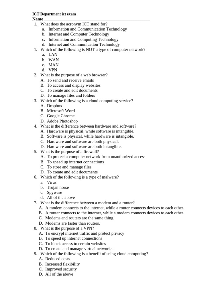 ICT Exam Questions and Answers | PDF