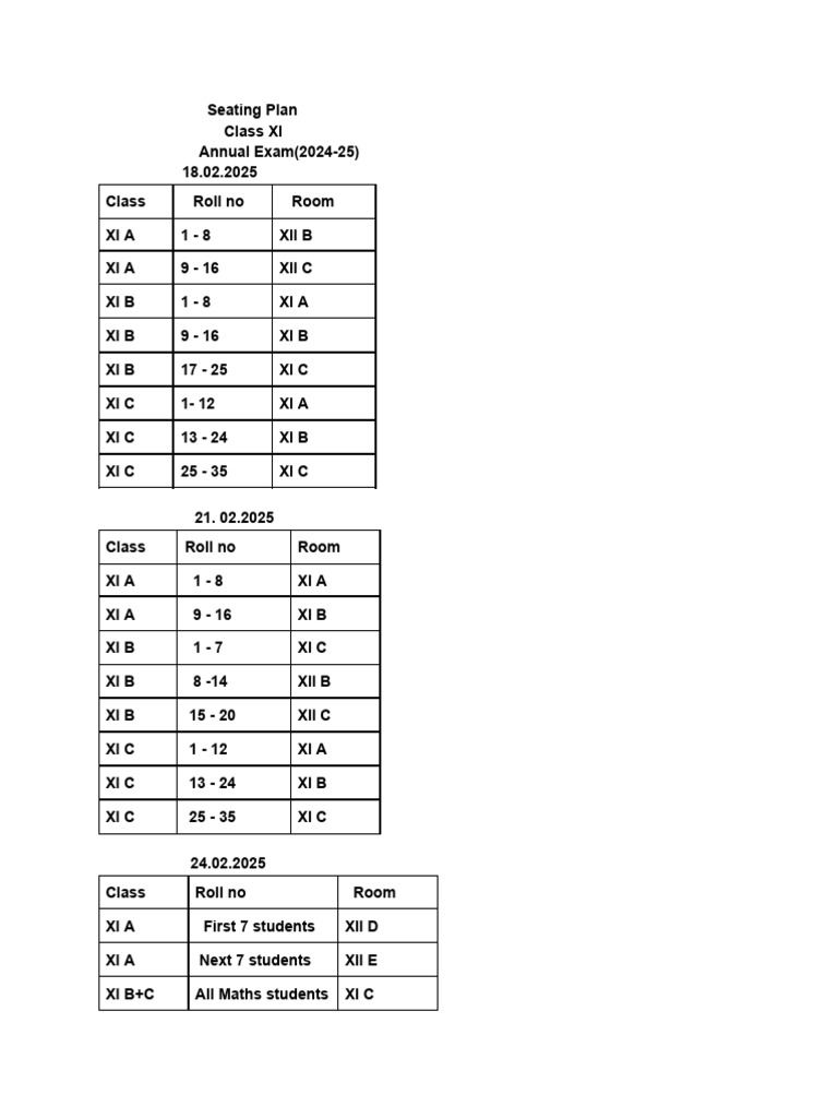 Class XI Annual Exam Seating Plan 2025 | PDF