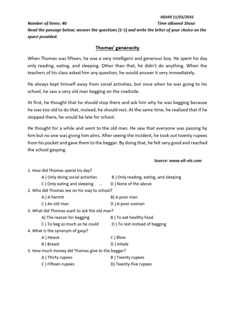 Thomas' Generosity: Reading Comprehension Test | PDF