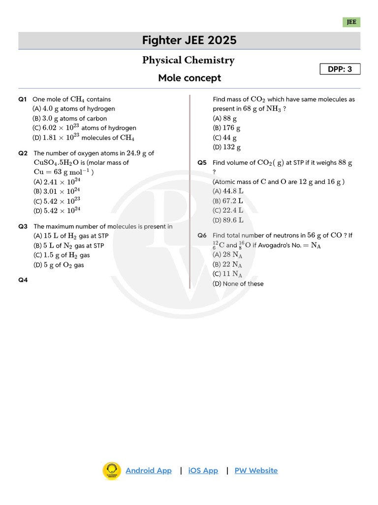 Mole Concept - DPP 03 (Of Lec 04) - Fighter JEE 2025 | PDF | Mole (Unit) | Atoms