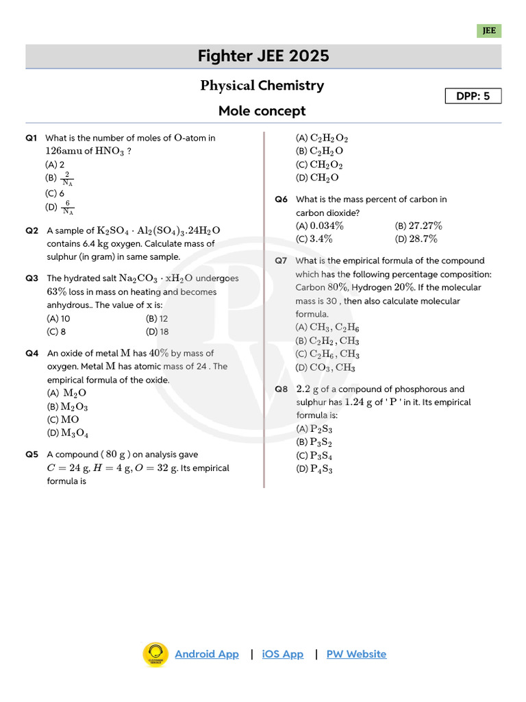 Mole Concept - DPP 05 (Of Lec 06) - Fighter JEE 2025 | PDF | Oxide | Mole (Unit)