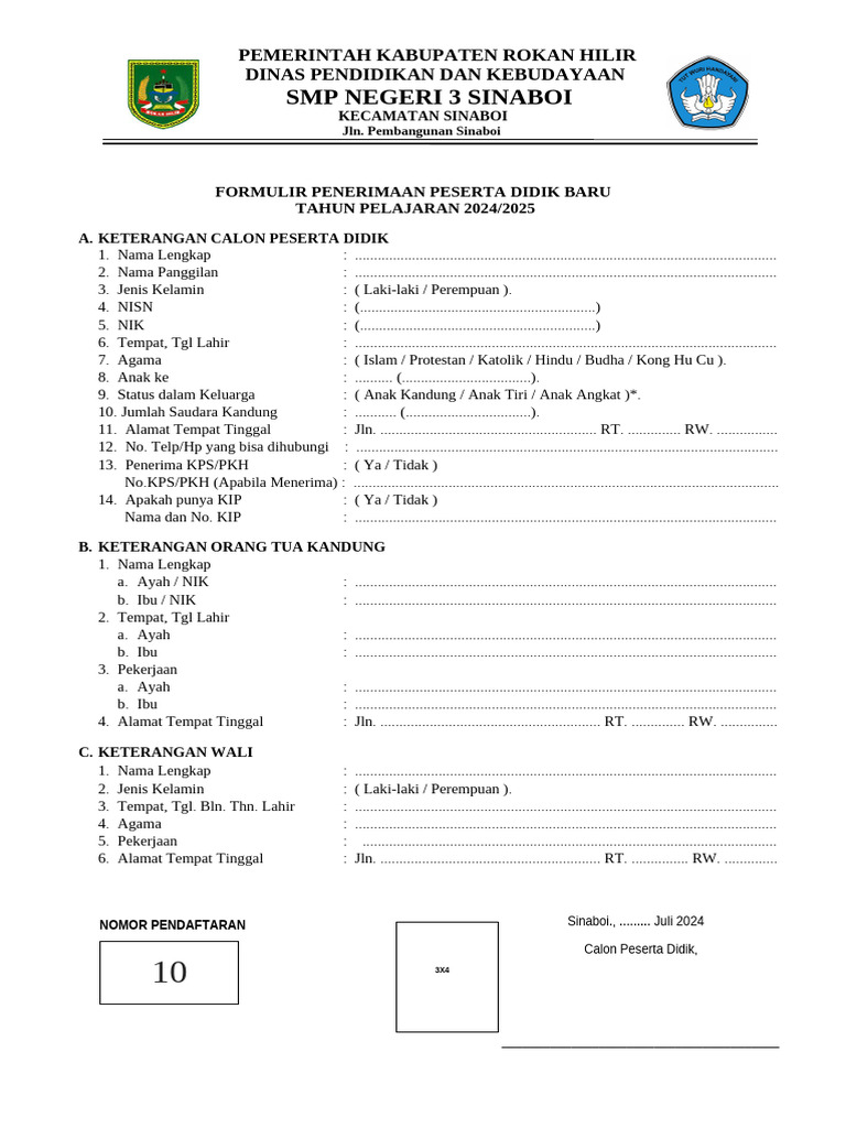 Formulir PPDB SMP Negeri 3 Sinaboi | PDF