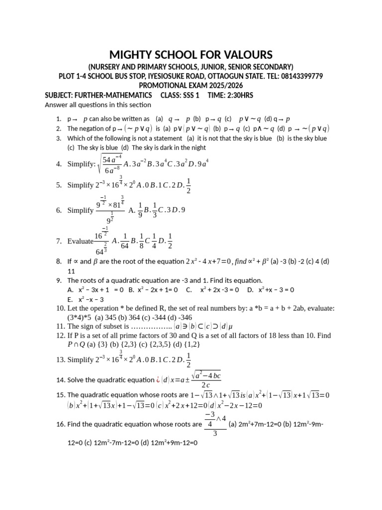 Further Mathematics Exam SSS 1 2025/26 | PDF | Square Root | Quadratic ...